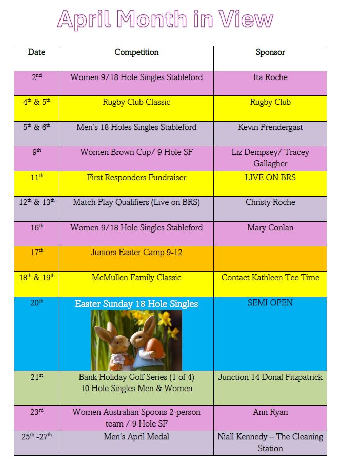 April Club Competition Calendar – Cill Dara Golf Club